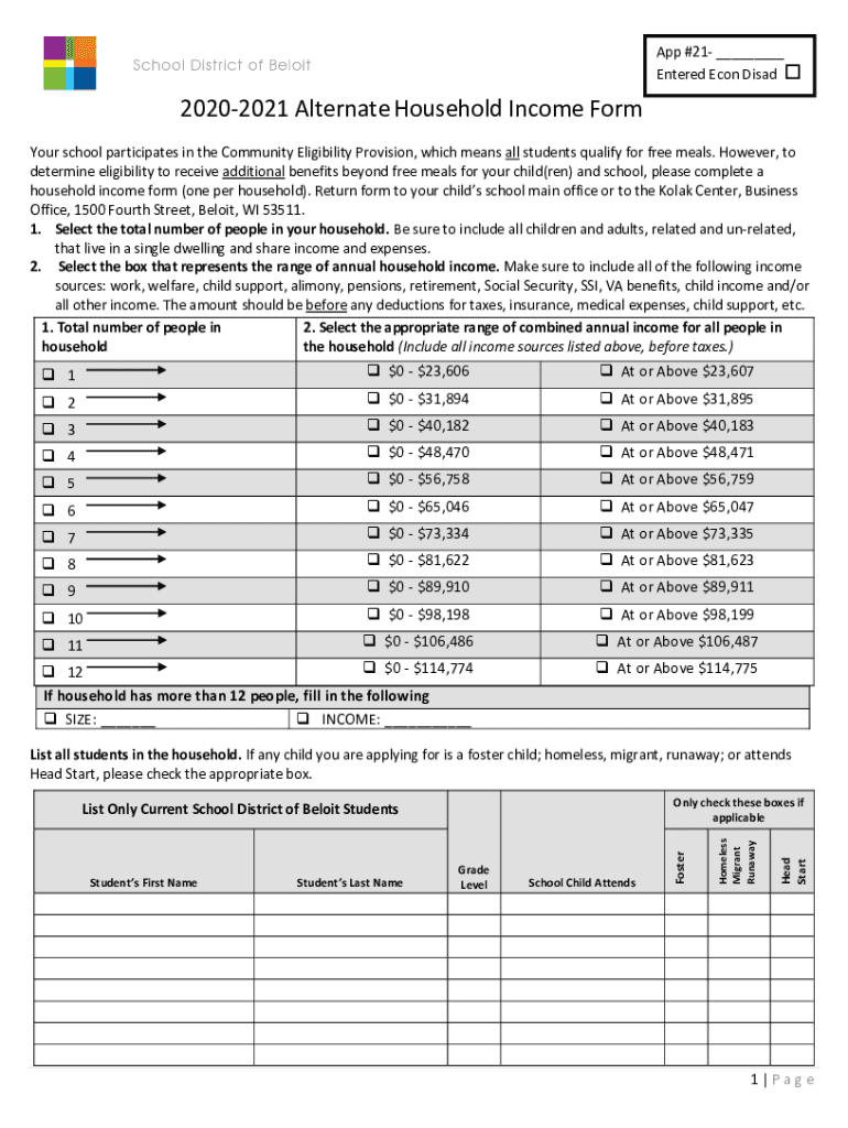 Fillable Online 2020-21 Verification of Household Size and Income Form ...