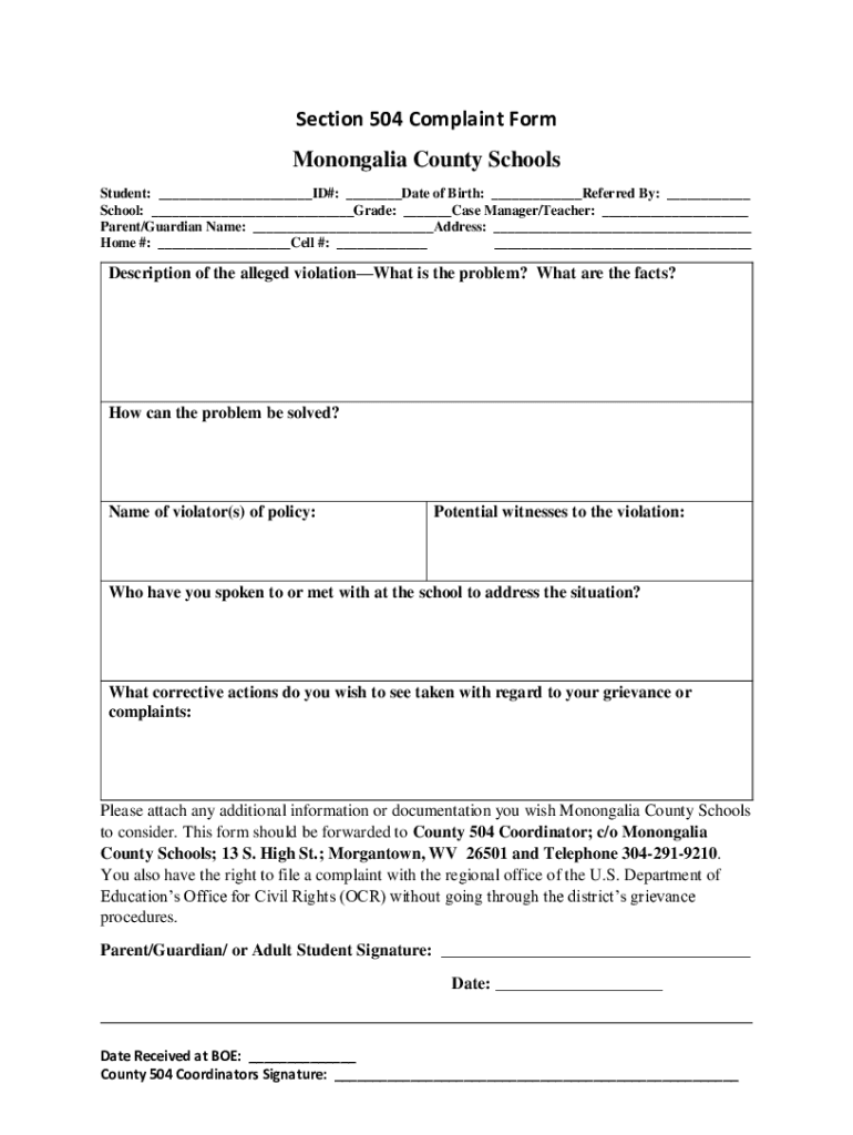 Fillable Online Section 504 Complaint Form Monongalia County Schools ...