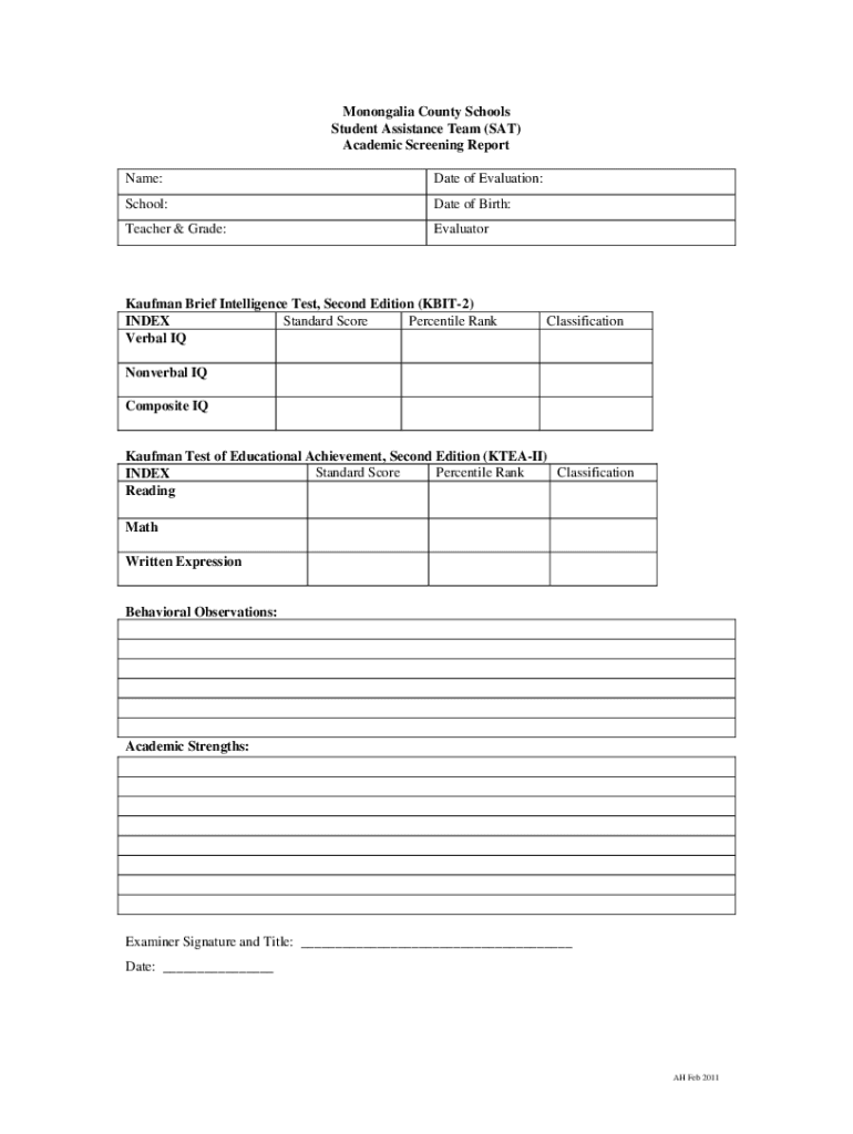 Fillable Online Academic Screening Report Fax Email Print - pdfFiller