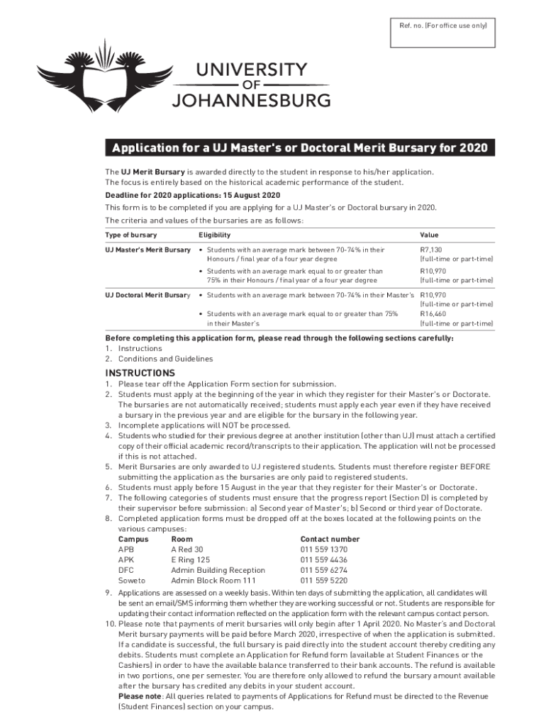 Fillable Online Application for a UJ Master s or Doctoral Merit Bursary ...