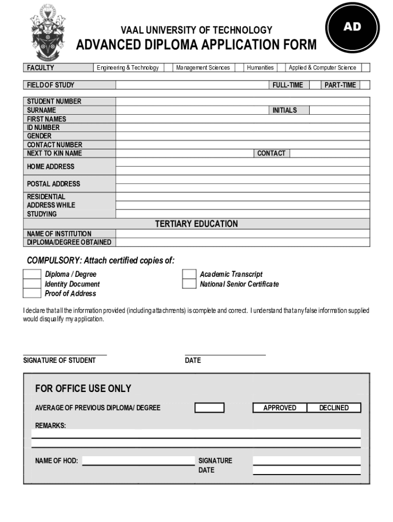Fillable Online Application for Admission to the Diploma/Adv ...