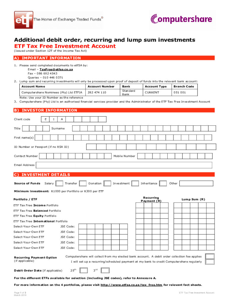 Fillable Online Additional debit order and lump sum investments ETF Tax ...