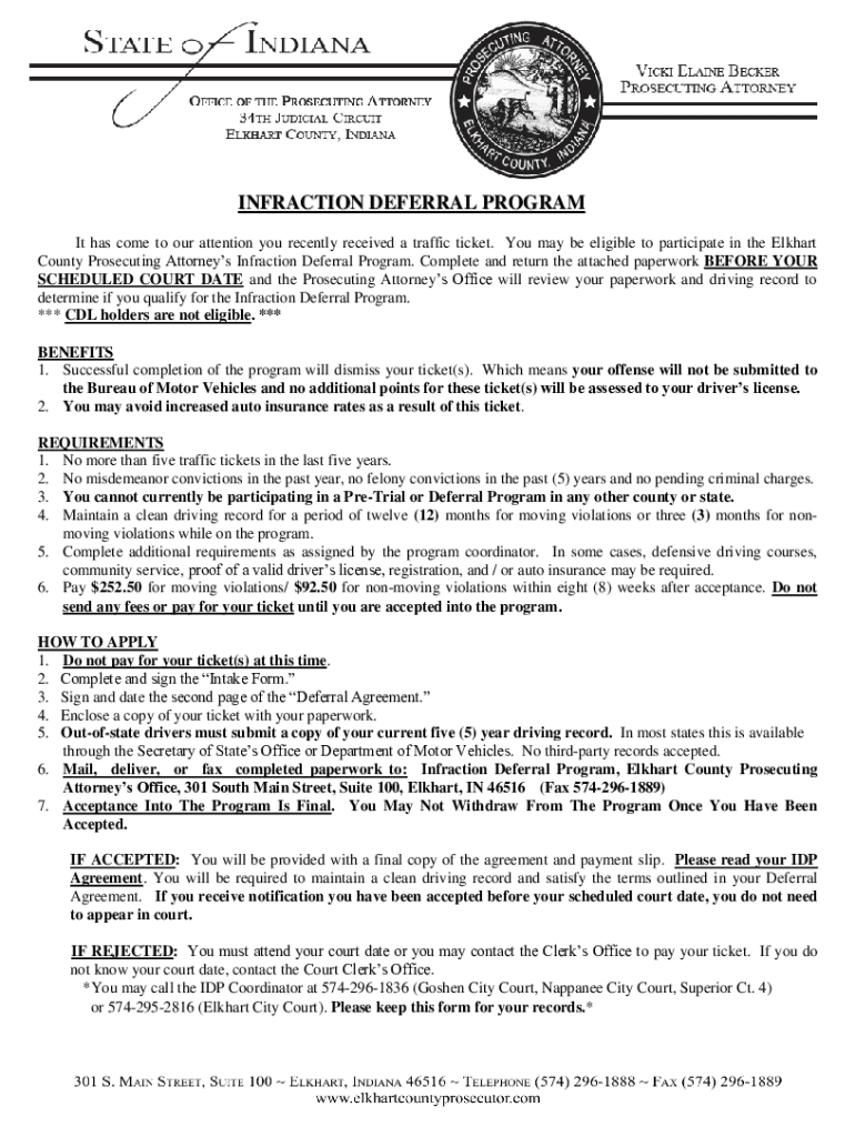 Fillable Online Fillable Online INFRACTION DEFERRAL PROGRAM - Elkhart County ... Fax Email Print ...