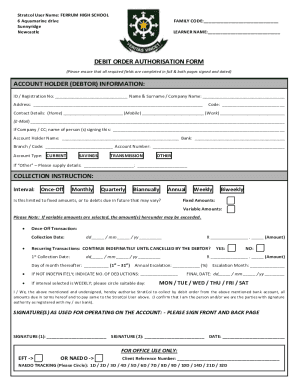 Fillable Online DEBIT ORDER AUTHORISATION FORM - Ferrum High School Fax ...
