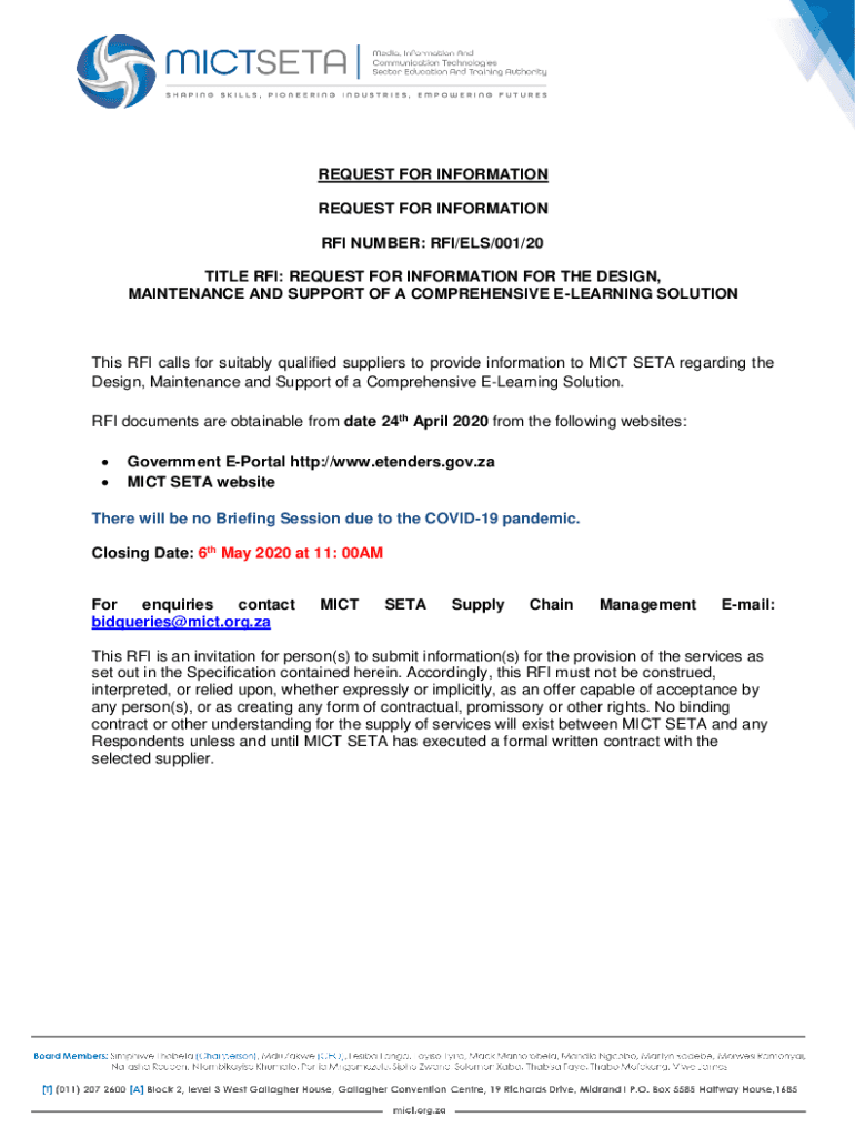Fillable Online REQUEST FOR INFORMATION RFI NUMBER: RFI/ELS/001/20 ...