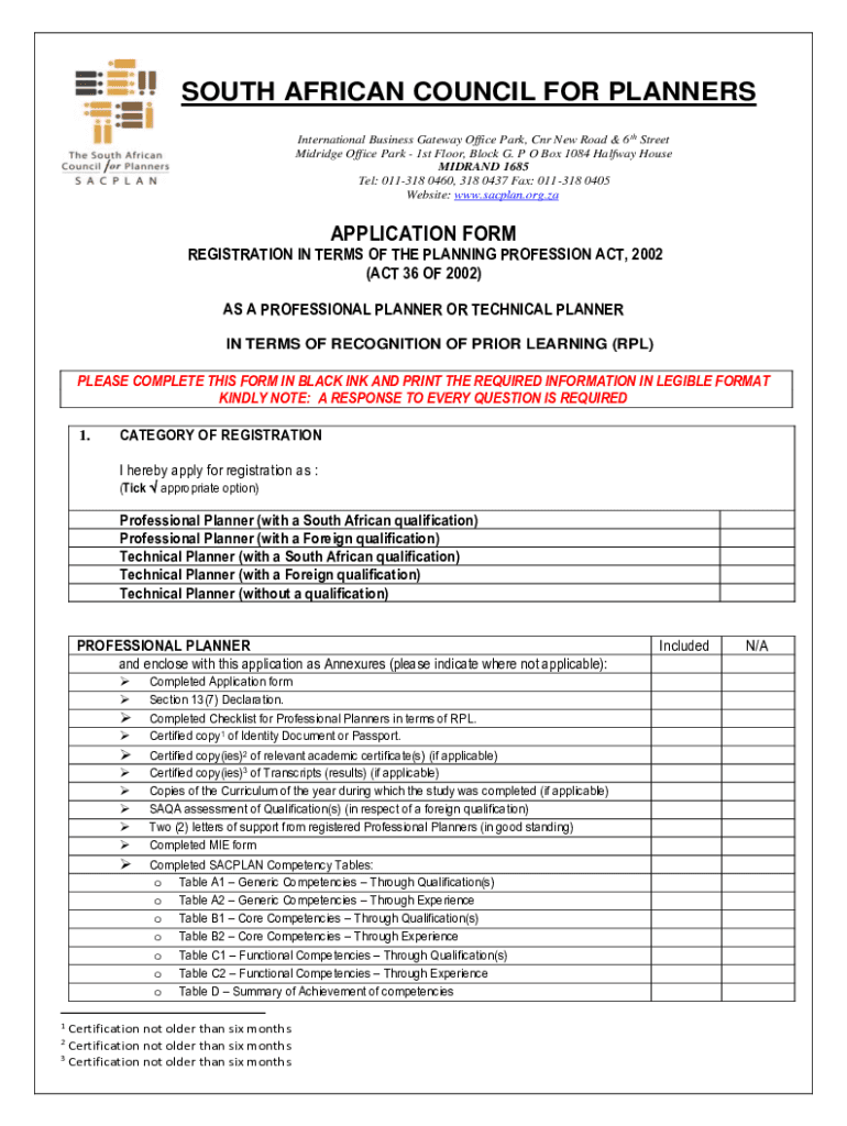 Fillable Online SOUTH AFRICAN COUNCIL FOR PLANNERS - Home SACPLAN Fax Email Print - pdfFiller