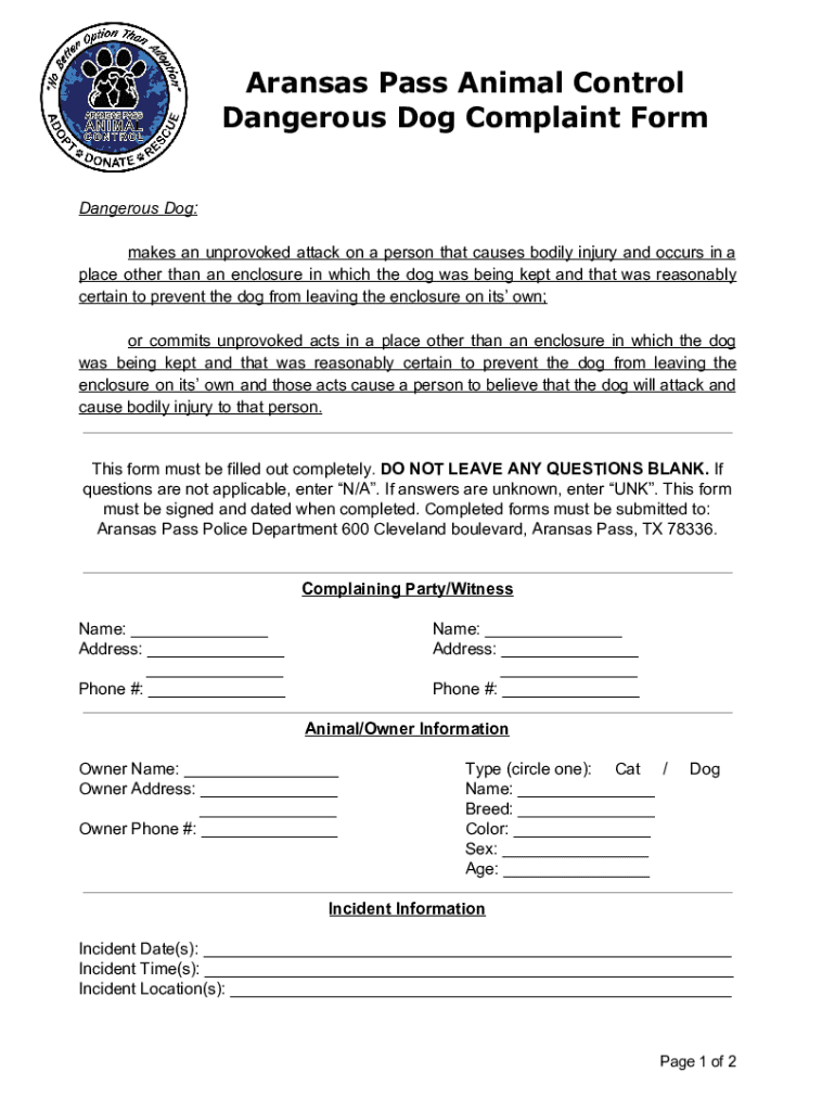 Fillable Online Aransas Pass Animal Control Dangerous Dog Complaint ...