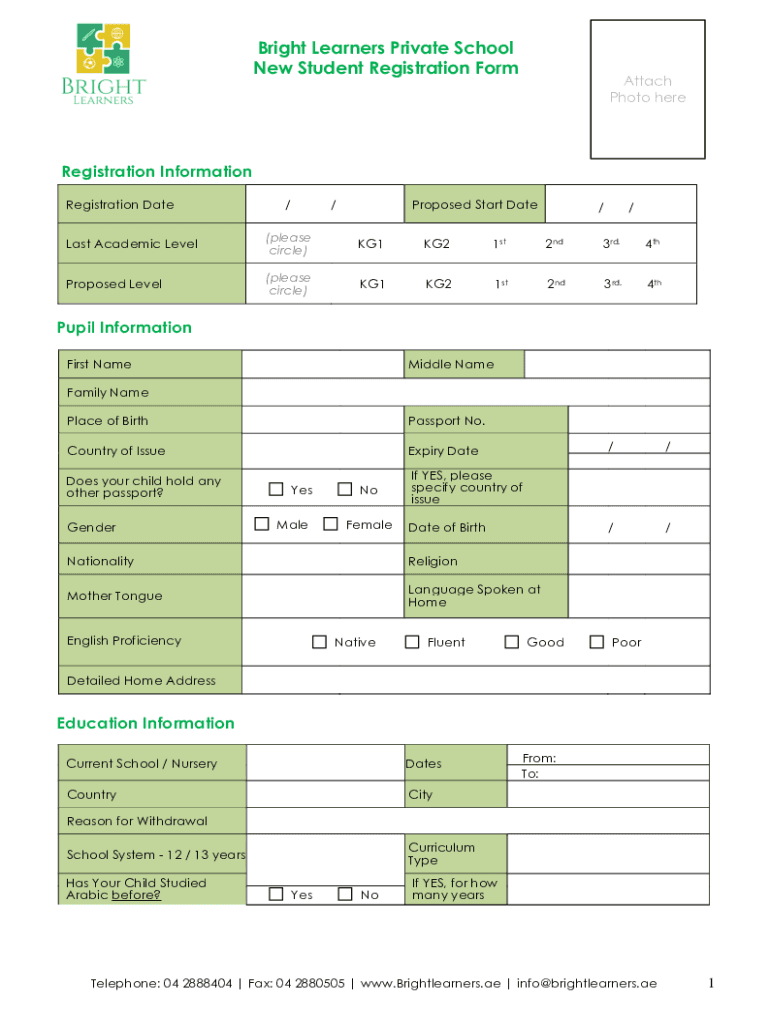 Fillable Online Bright Learners Private School New Student Registration ...