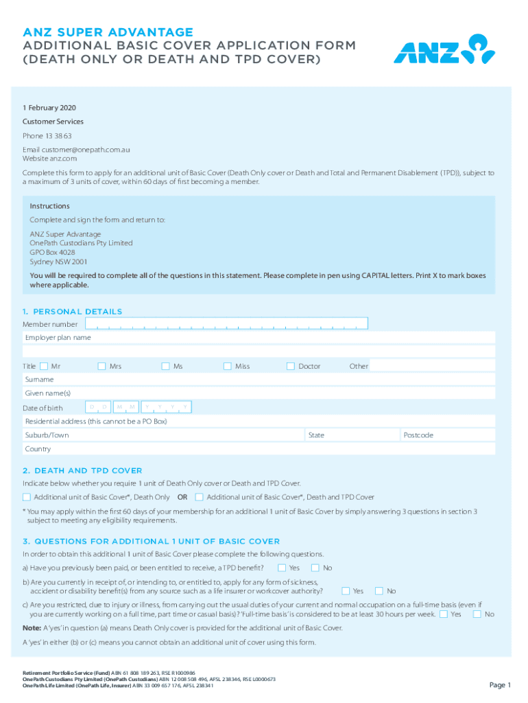Fillable Online ANZ SUPER ADVANTAGE INSURANCE APPLICATION AND SHORT ...
