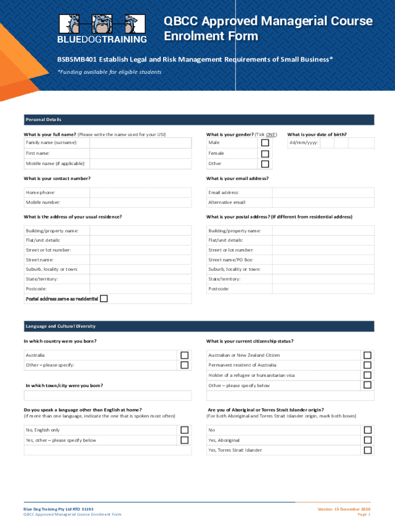 Fillable Online QBCC Approved Managerial Course Enrolment Form Fax ...