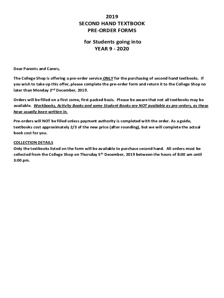 Fillable Online 2019 SECOND HAND TEXTBOOK PRE-ORDER SERVICE for ...