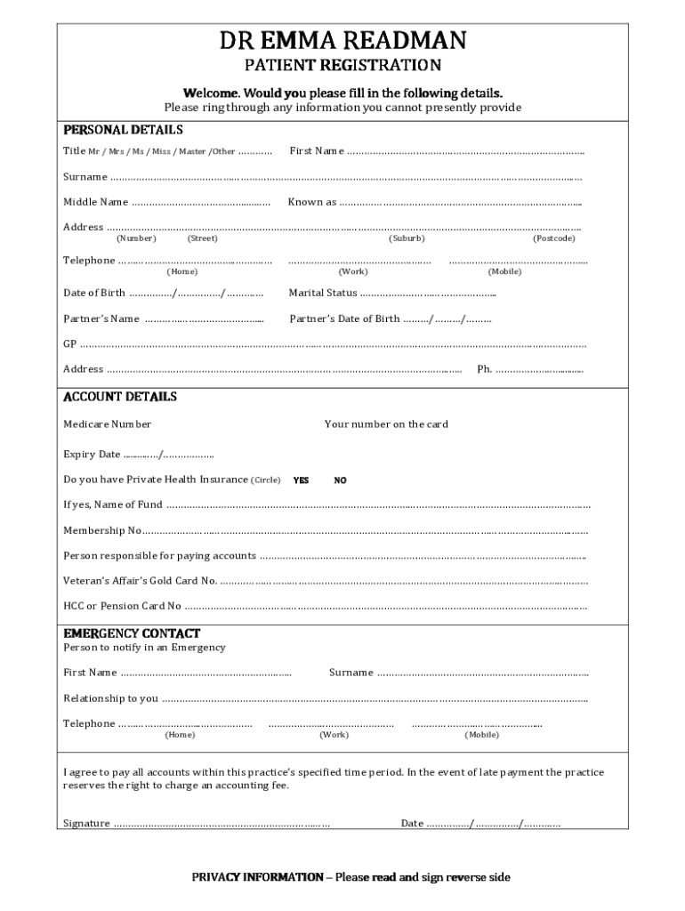 Fillable Online Dr Emma Readman - St Vincent's Private Hospital ...