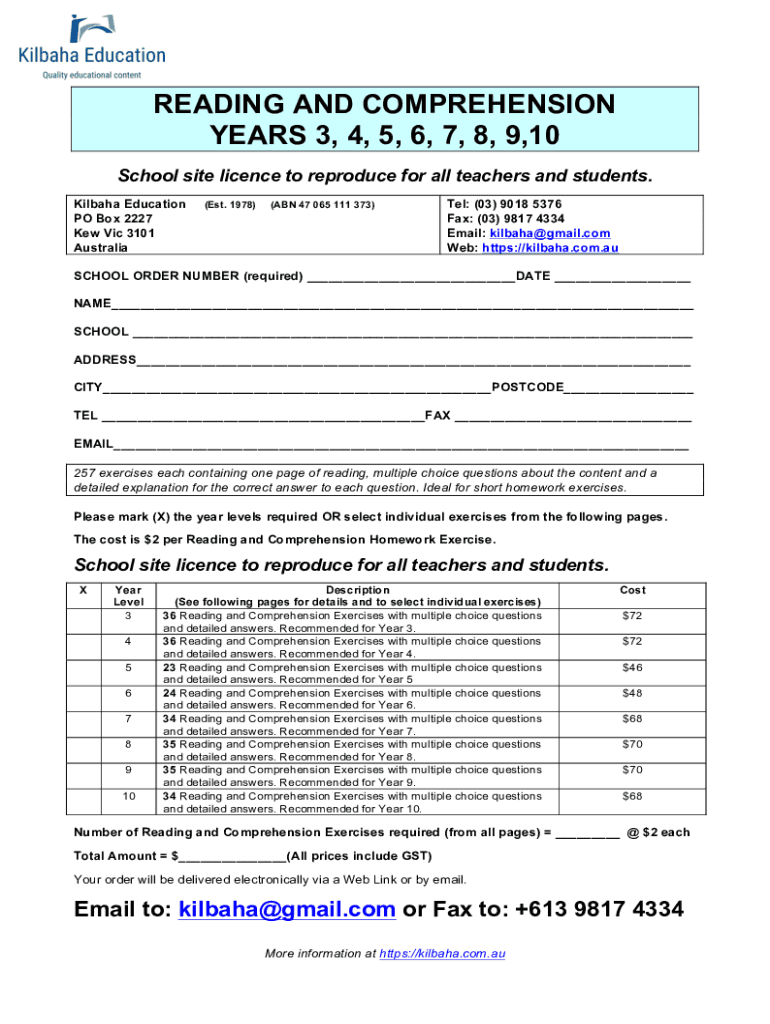 Fillable Online 257 Reading and Comprehension Homework Exercises for Years 3, 4, 5, 6, 7, 8, 9 ...