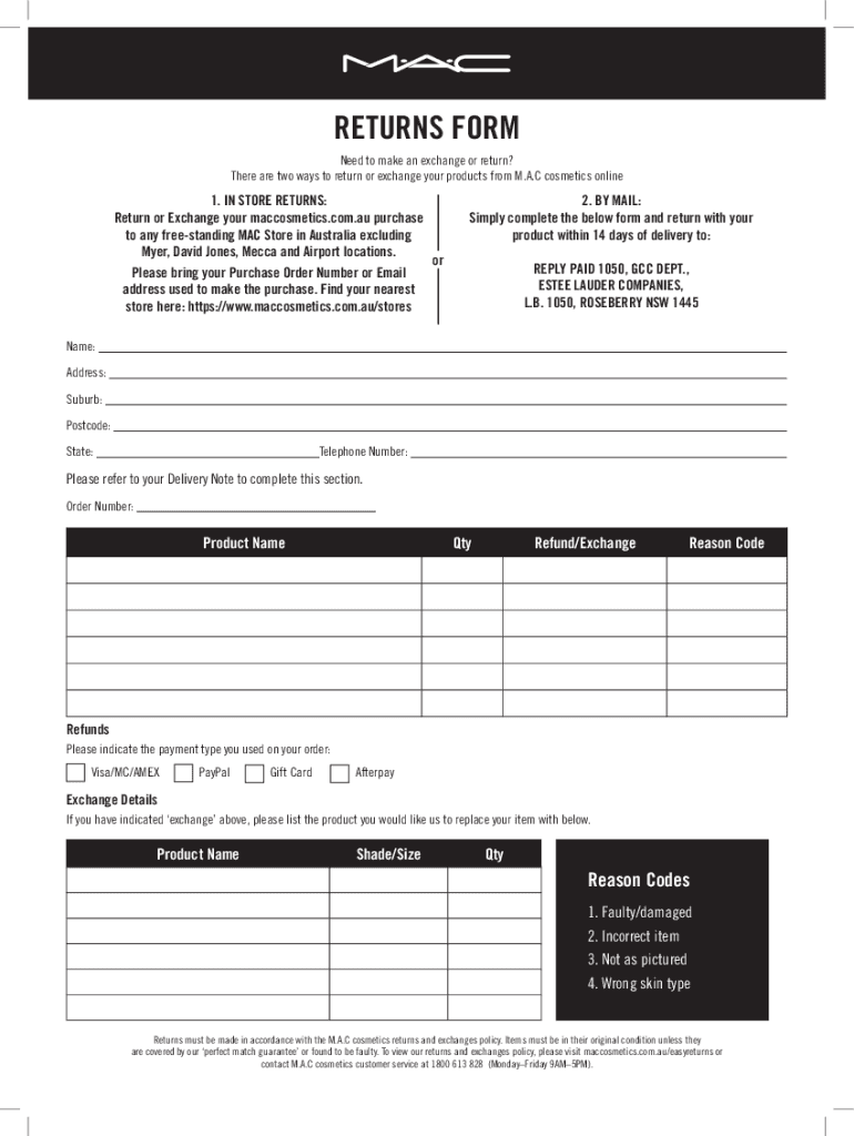 Fillable Online RETURNS FORM - MAC Cosmetics Fax Email Print - pdfFiller