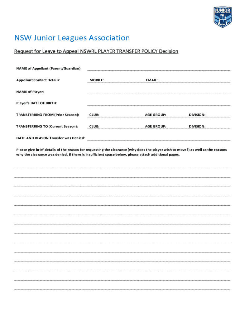 Fillable Online NSW JLA TRANSFER POLICY Appeal Form Fax Email Print ...