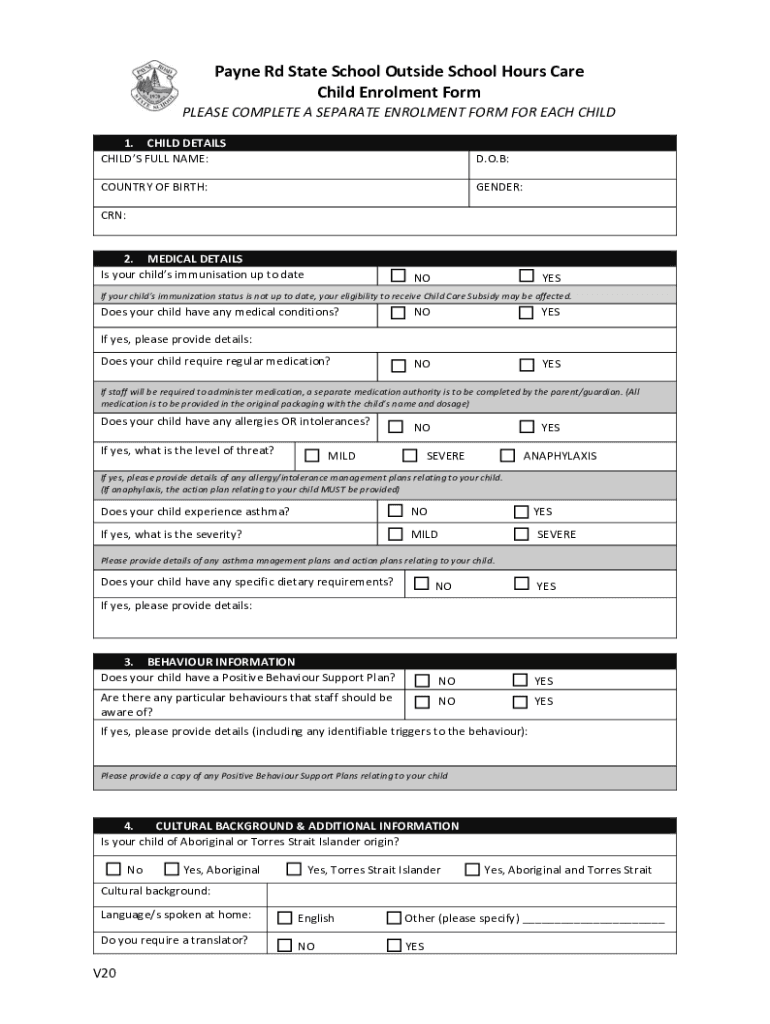 Fillable Online Payne Rd State School Outside School Hours Care Child ...