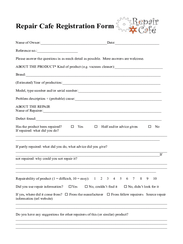 Fillable Online Repair Cafe Registration Form Fax Email Print - pdfFiller