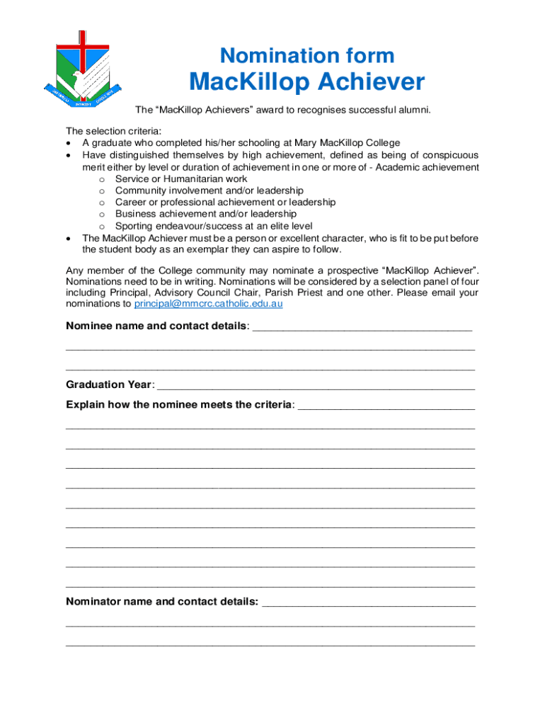 Fillable Online Nomination form MacKillop Achiever - Mary MacKillop ...