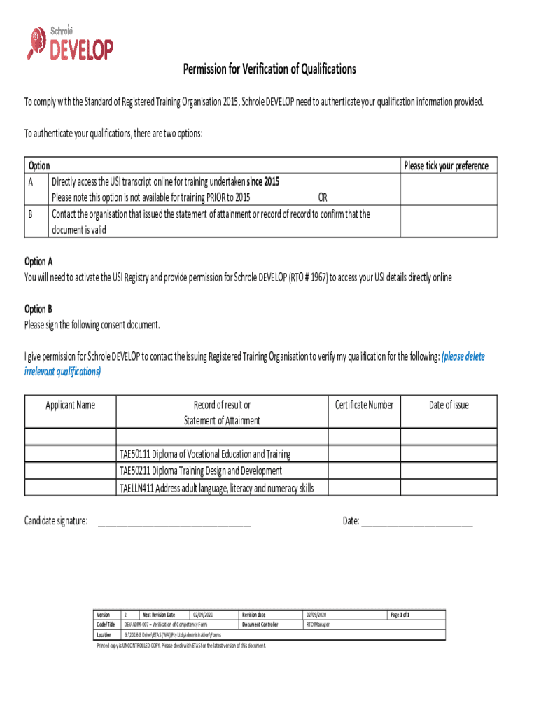 Fillable Online Verification of Qualification Permission Form - Schrole Develop Fax Email Print ...