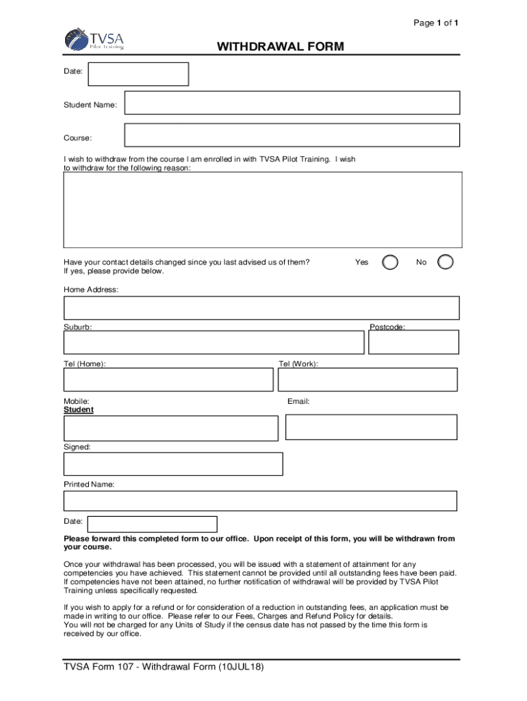 Fillable Online WITHDRAWAL FORM - TVSA Pilot Training Fax Email Print ...