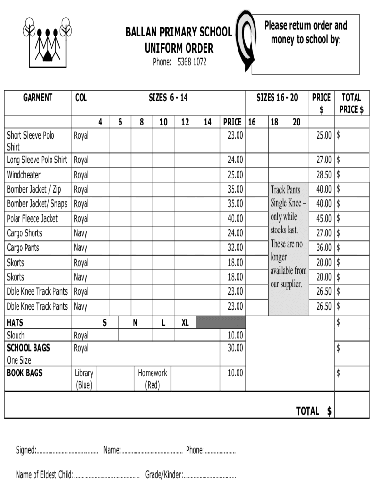 Fillable Online BALLAN PRIMARY SCHOOL Please return order and money to ...