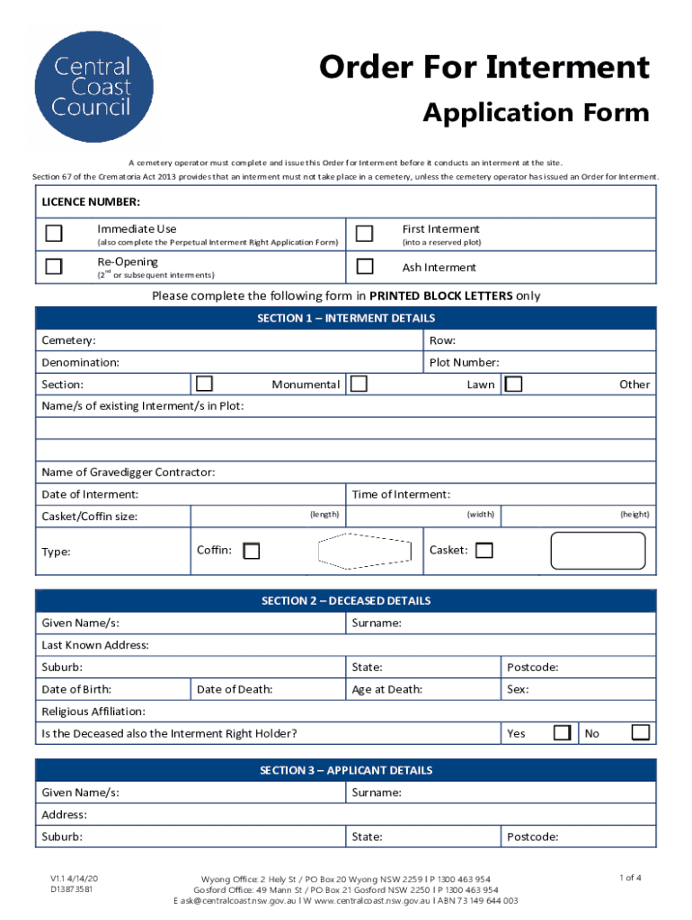 Fillable Online ORDER FOR INTERMENT APPLICATION FORM Fax Email Print ...
