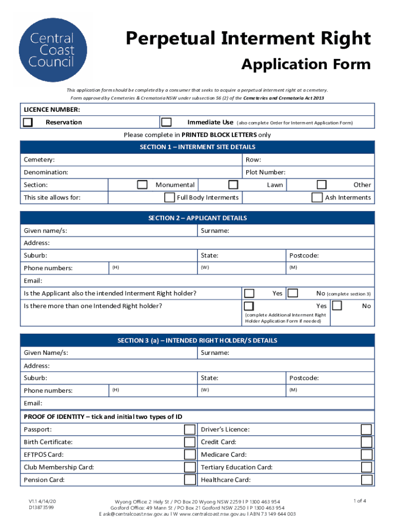 Fillable Online PERPETUAL INTERMENT RIGHT APPLICATION FORM Fax Email ...