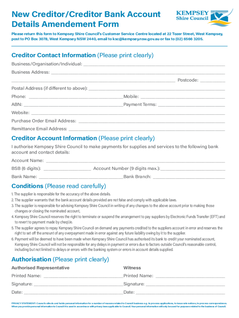 Fillable Online New Creditor/Creditor Bank Account Details Amendment ...