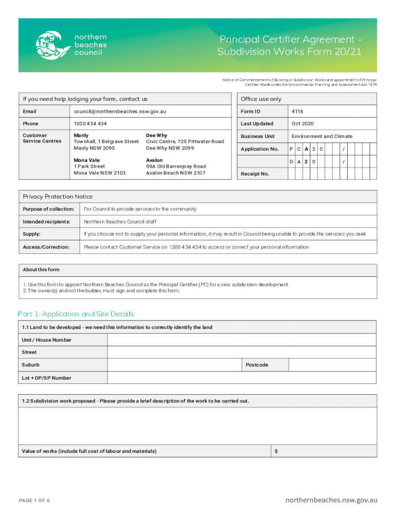 Fillable Online Principal Certifier Agreement - Subdivision Works Form 20/21 Fax Email Print ...