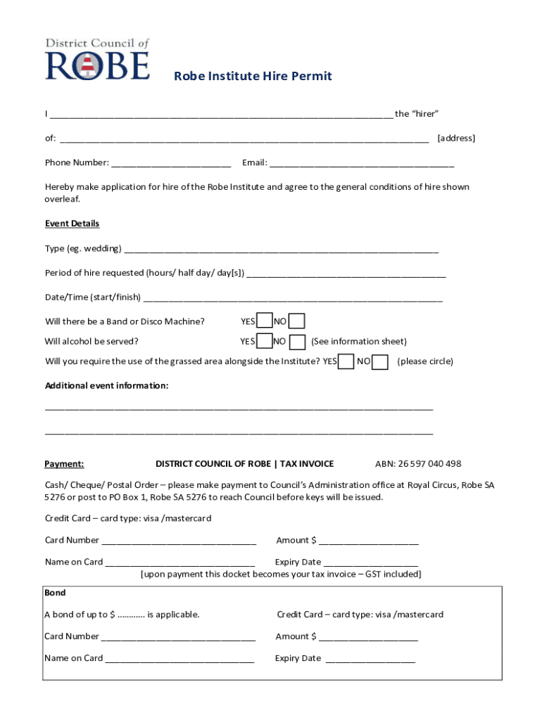 Fillable Online Get the Hall Hire bPermitb amp Information 705 kb - Robe ... Fax Email Print ...
