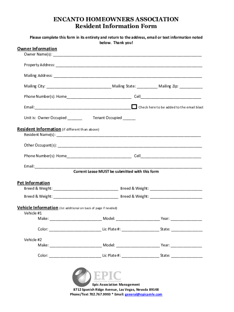 Fillable Online ENCANTO HOMEOWNERS ASSOCIATION Resident Information ...