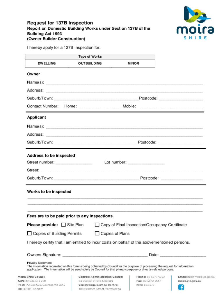 Fillable Online Request for 137B Inspection - Shire of Moira Fax Email ...