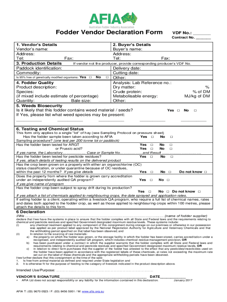 Fillable Online Fodder Vendor Declaration Form Fax Email Print - pdfFiller