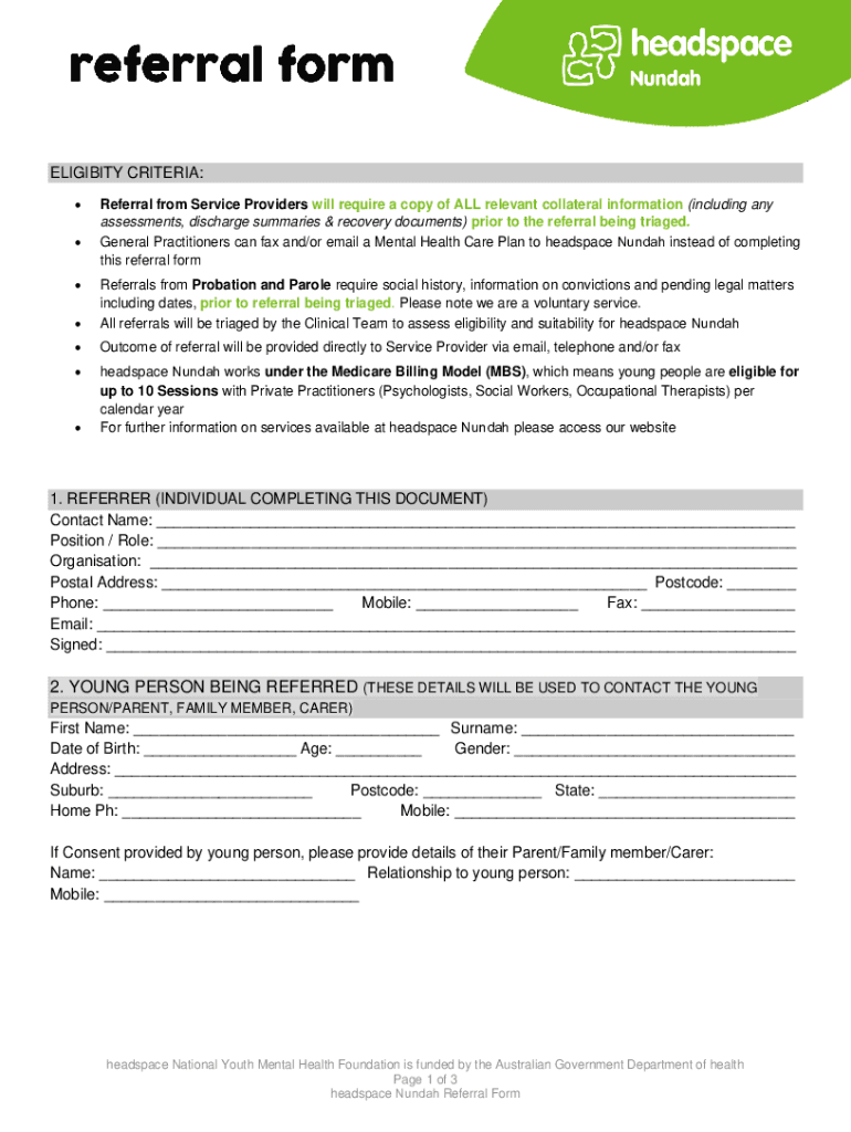 Fillable Online 2. YOUNG PERSON BEING REFERRED - headspace Fax Email ...