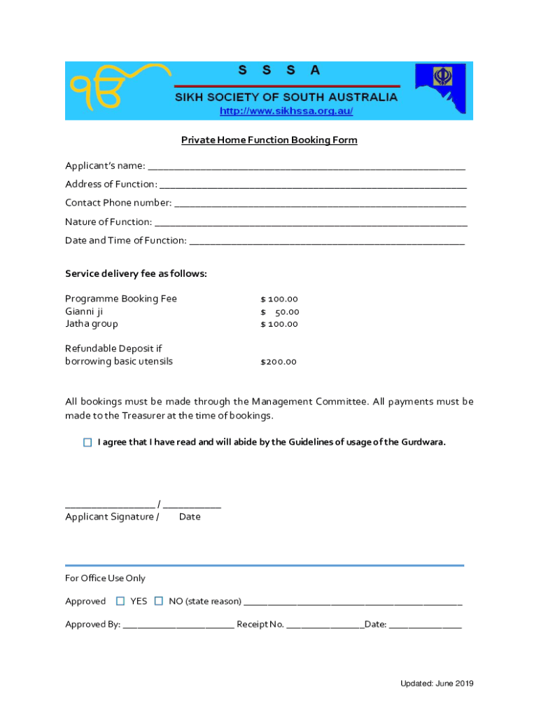 Fillable Online sikhssa org Private Home Function Booking Form Service ...