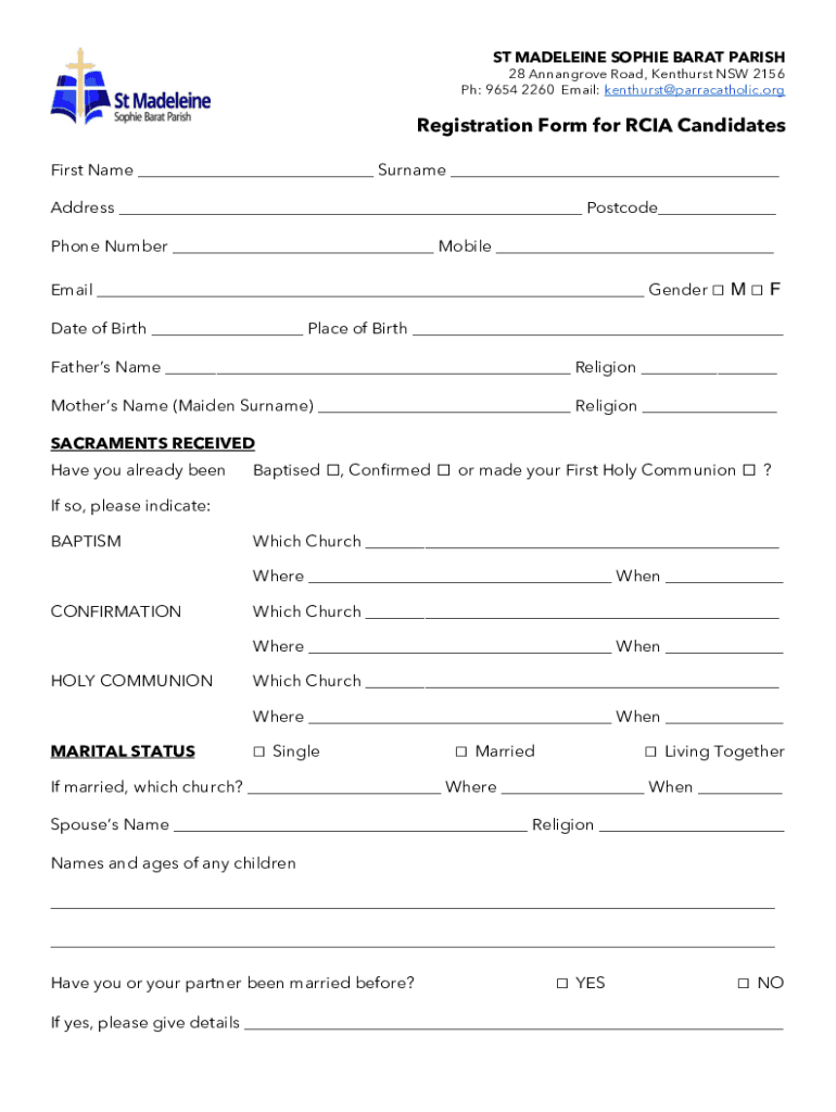 Fillable Online stmadeleine org Registration Form for RCIA Candidates ...