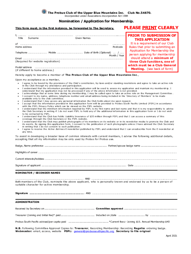 Fillable Online PROBUS Club of Blue MountainProbus Mountain ...