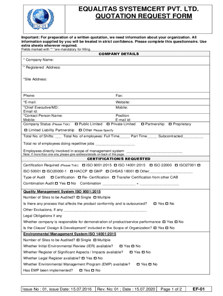 Fillable Online EQUALITAS SYSTEMCERT PVT. LTD. QUOTATION REQUEST FORM Fax Email Print - pdfFiller