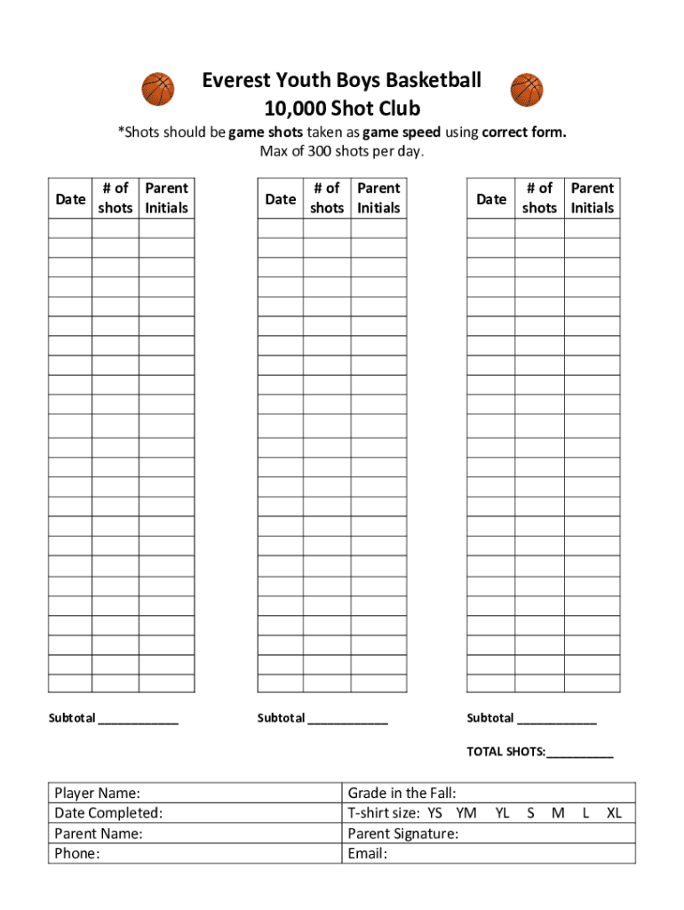 Fillable Online EYBB 10,000 Shot Club form - Everest Boys Basketball ...