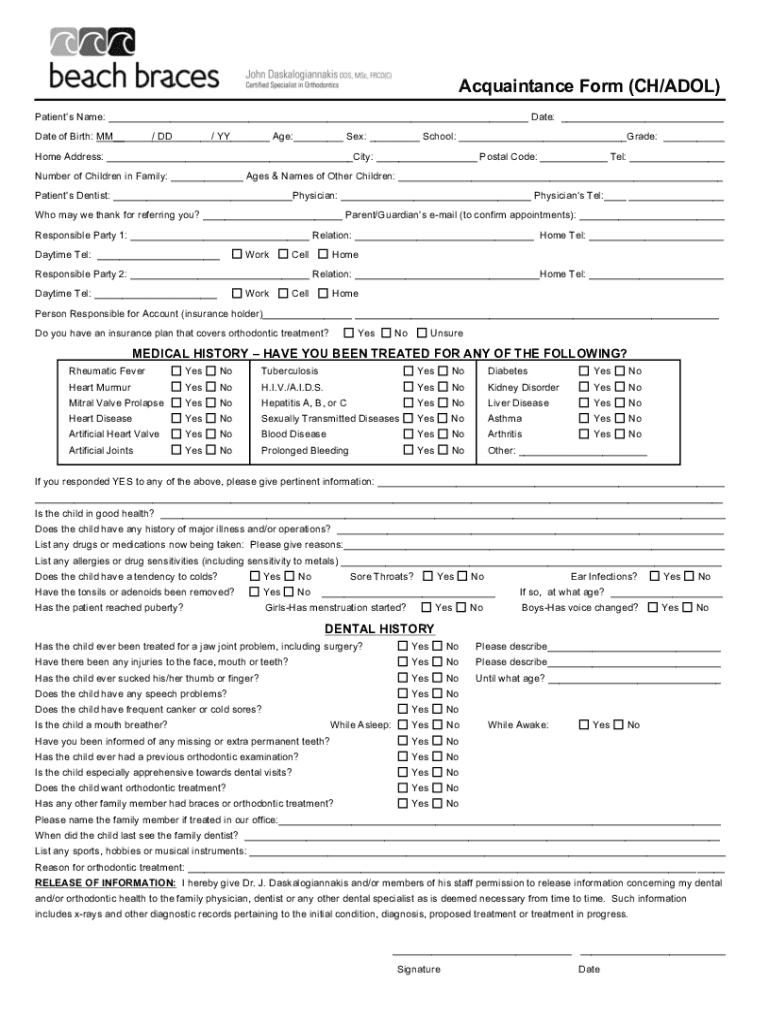 Fillable Online Acquaintance Form (CH/ADOL) - Beach Braces Fax Email Print - pdfFiller