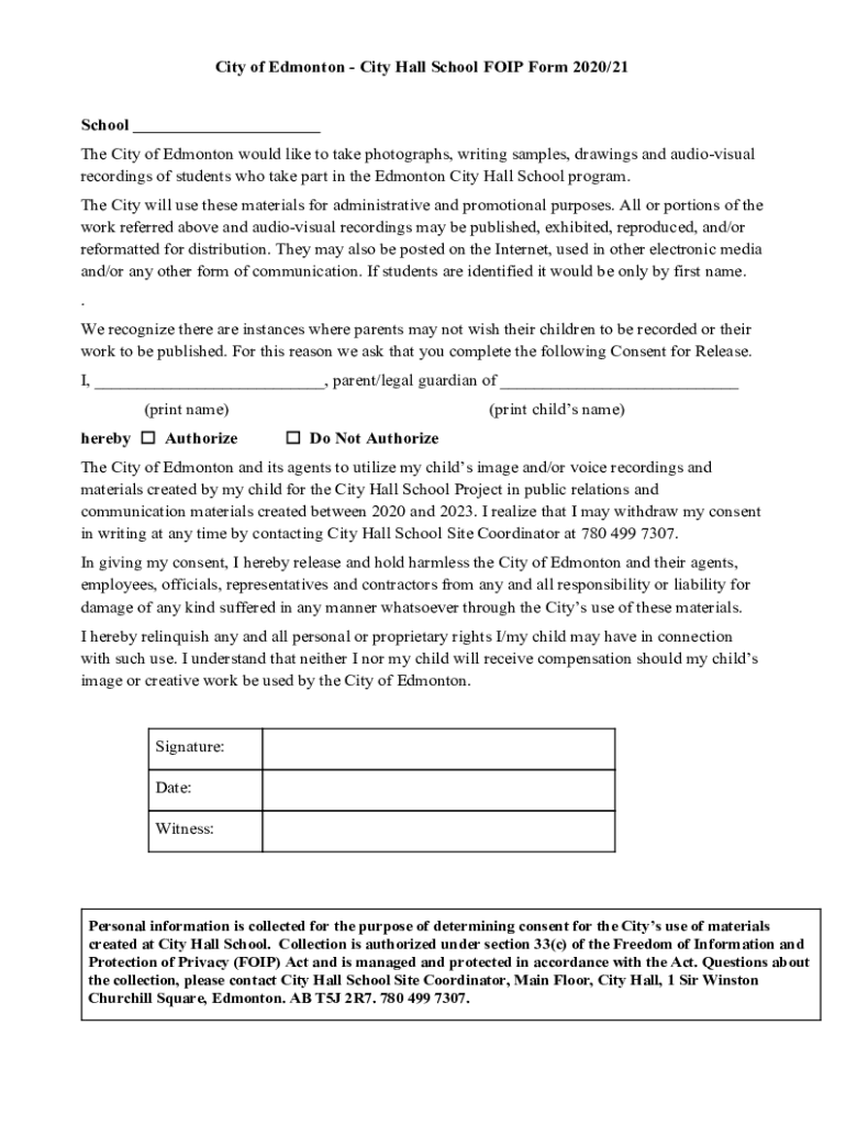 Fillable Online 2020/21 City Hall School FOIP Release Form. For a child ...