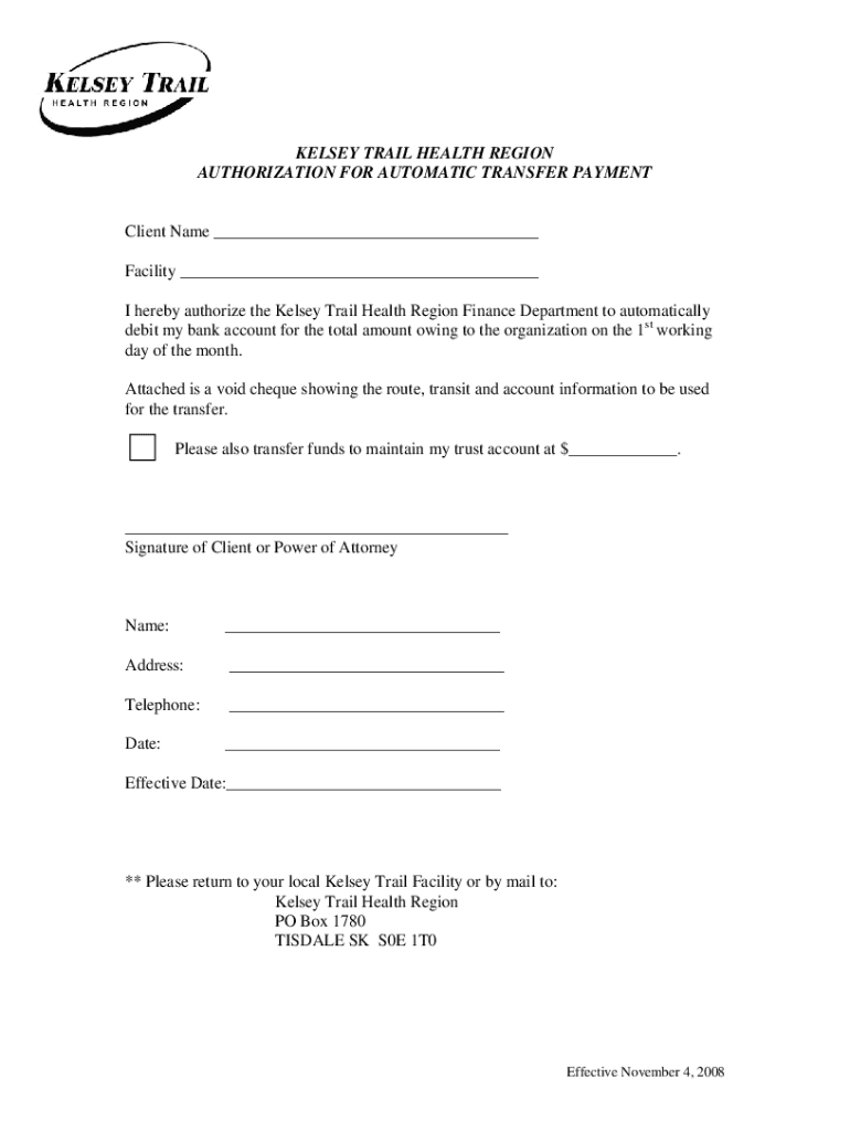 Fillable Online AUTHORIZATION FOR AUTOMATIC TRANSFER PAYMENT.doc Fax Email Print - pdfFiller