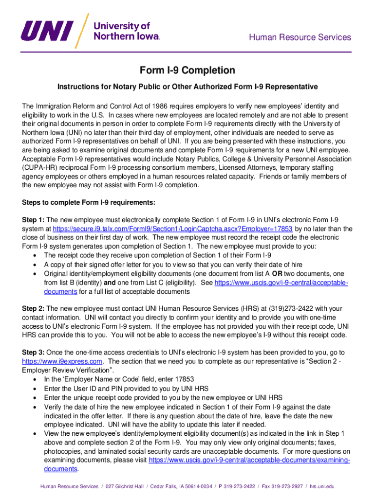 Fillable Online hrs uni Form I-9 Completion - UNI Human Resource ...