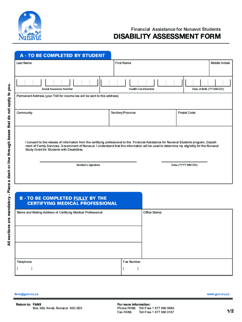 Fillable Online PDF dISaBIlIty aSSeSSMent forM - Government of Nunavut ...