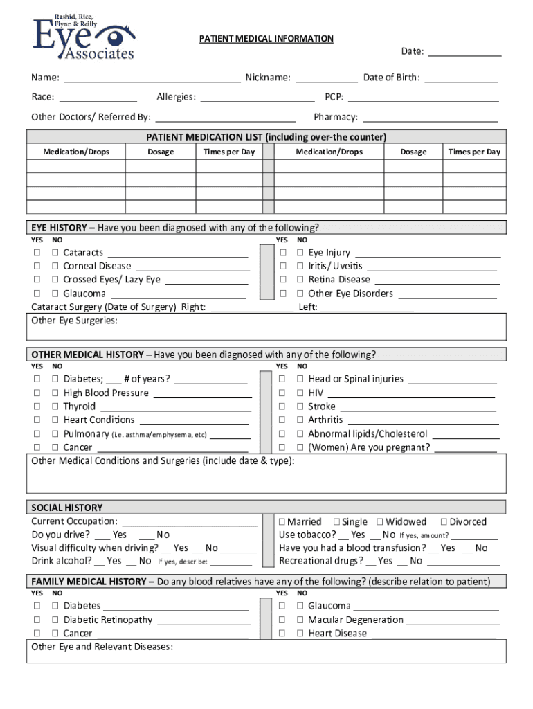 Fillable Online Patient Medical Information Sheet - Eye Assoc Fax Email Print - pdfFiller