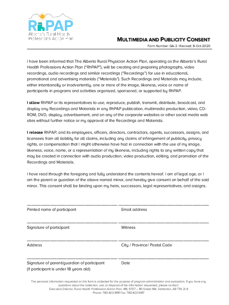 Fillable Online MULTIMEDIA AND PUBLICITY CONSENT - Rural Health ... Fax ...