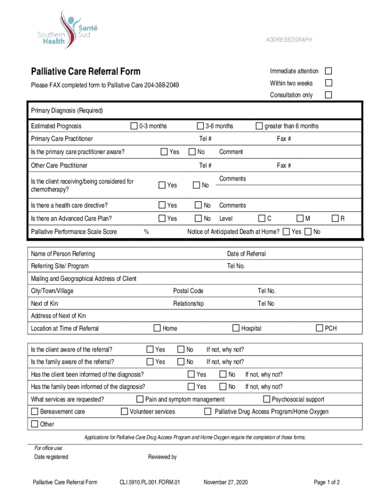 Fillable Online Palliative Care Referral Form - Southern Health-Sant ...