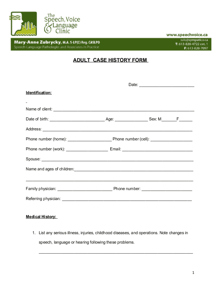 Fillable Online ADULT CASE HISTORY FORM - speechvoice.ca Fax Email ...