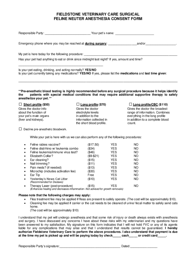 Fillable Online Cat Spay/Neuter Form Spay and Neuter Clinic 3934 N ...