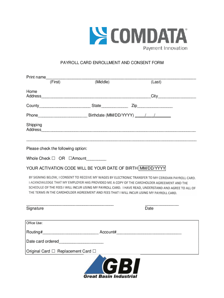 Fillable Online PAYROLL CARD ENROLLMENT AND CONSENT FORM Fax Email ...